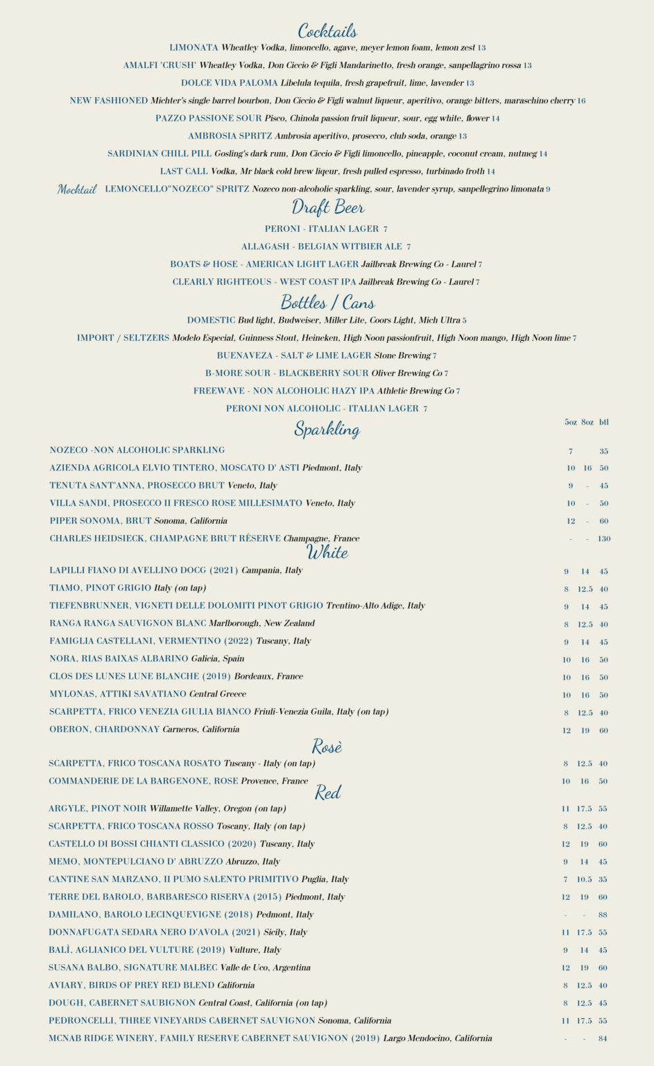 Menu - Baia Coastal Italian